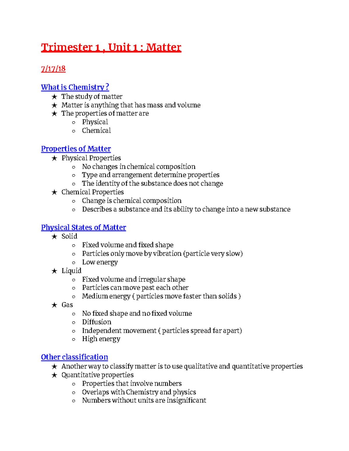 Chemistry Notes - Trimester 1 , Unit 1 : Matter 7/17/ What is Chemistry ...