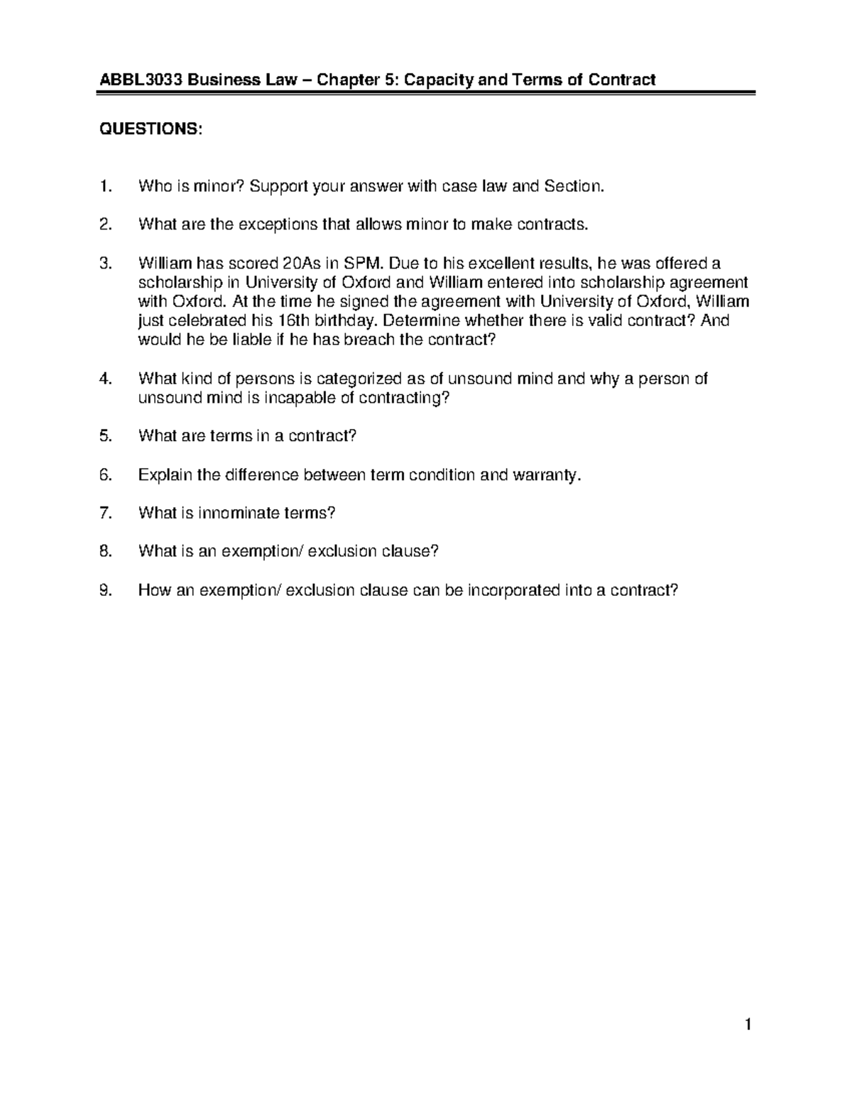 Tutorial 5 - Capacity & Terms of contract (Q) - ABBL3033 Business Law ...