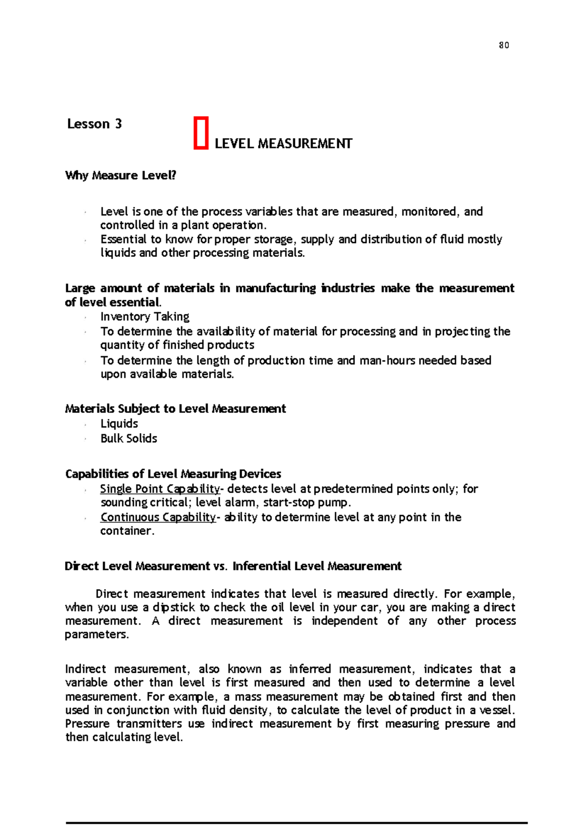 Module 4 Lesson 3 - 80 Lesson 3 LEVEL MEASUREMENT Why Measure Level ...