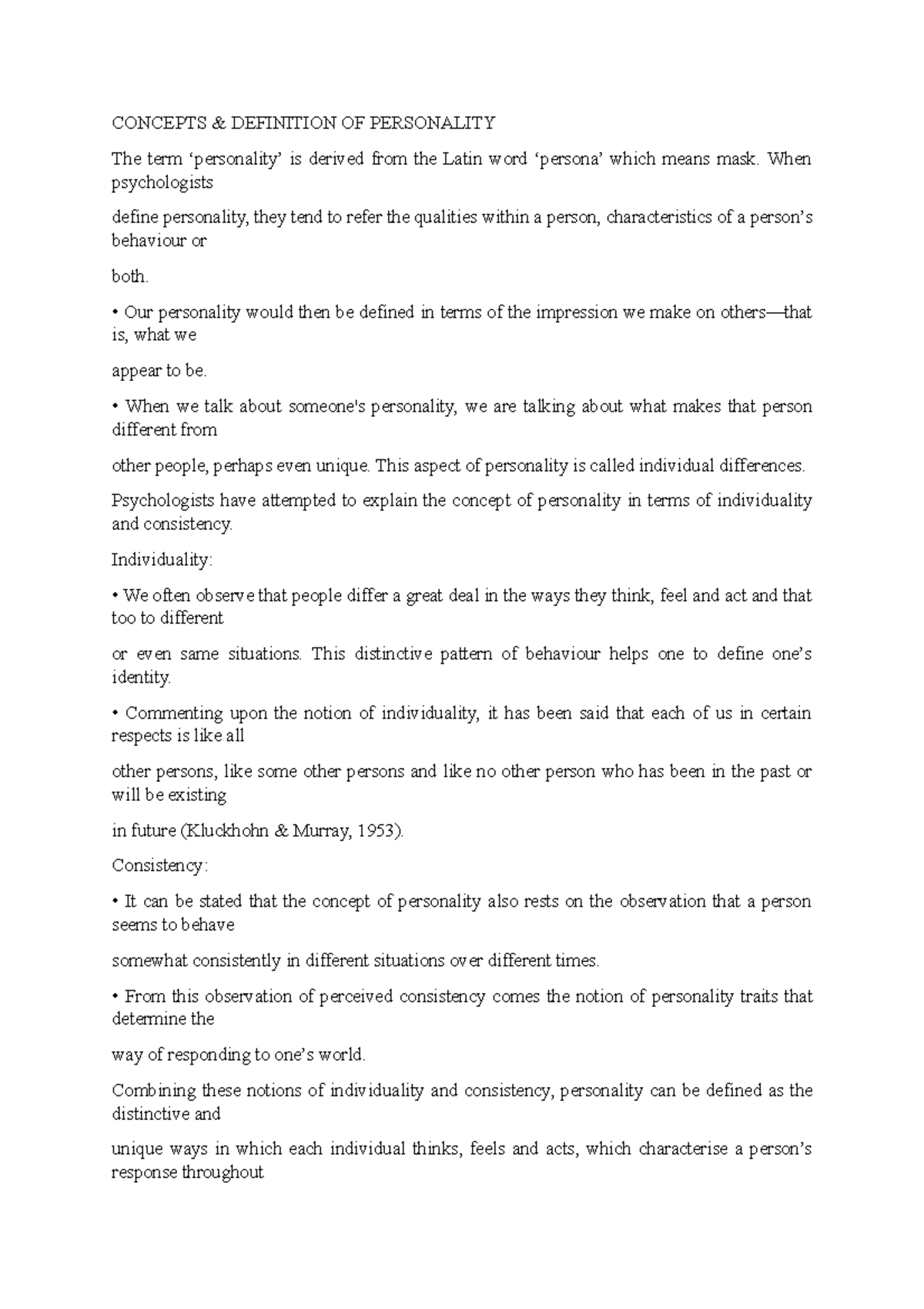 Concepts AND Definitions OF Personality - CONCEPTS & DEFINITION OF ...