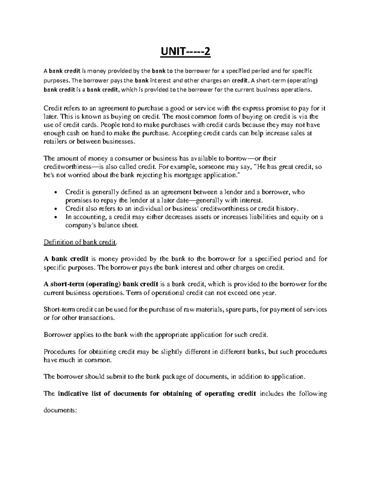 UNIT-2, BM - Notes on Bm - UNIT- A bank credit is money provided by the ...