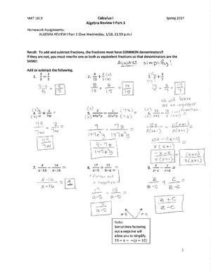 MAT 1613 Algebra Review I Part 1 - MAT 1613 Algebra Review I Part 1 ...