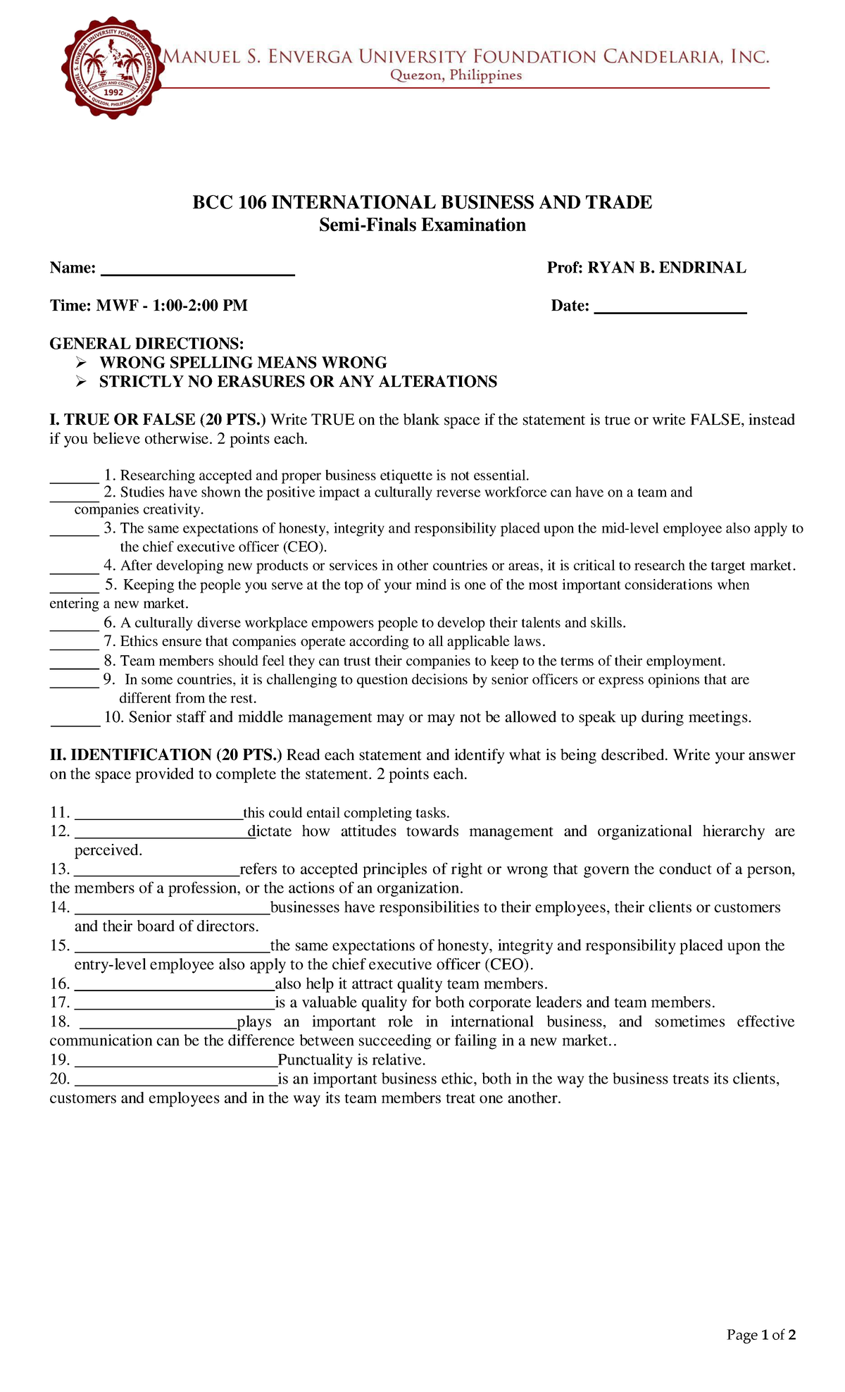 BCC 106 International Business and Trade - Semi-Finals Examination ...