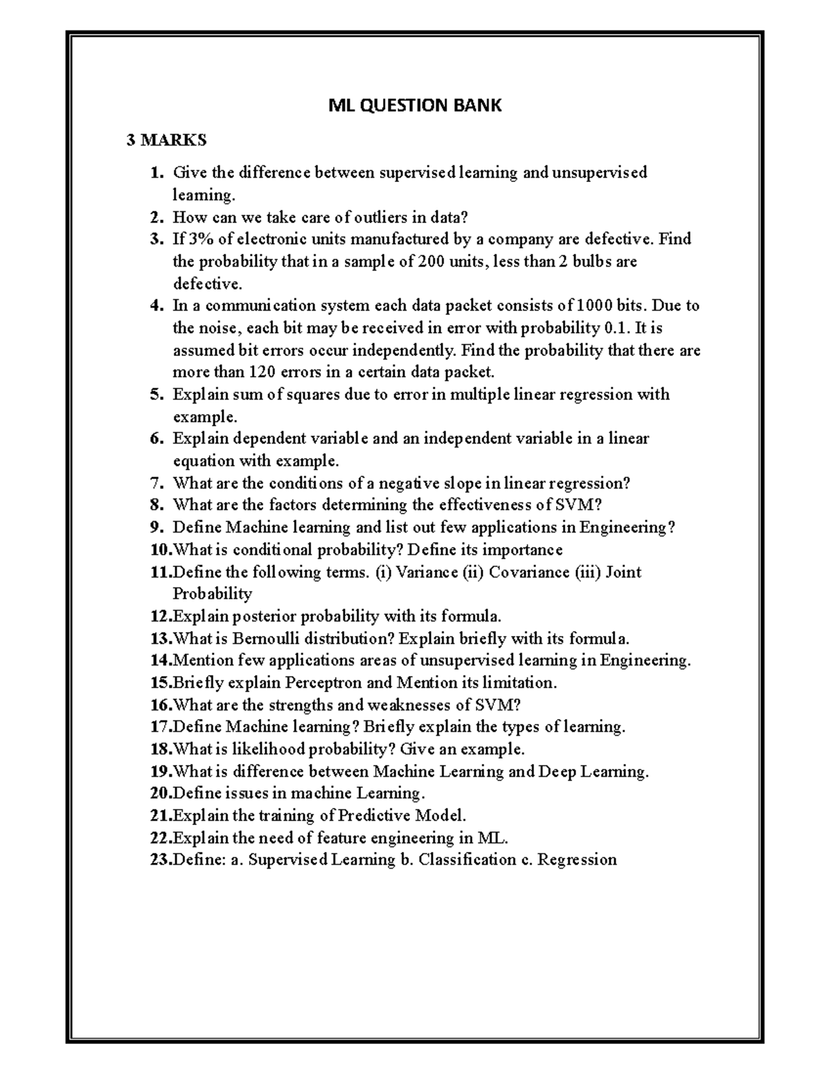 ML Question BANK - ML QUESTION BANK 3 MARKS Give the difference between ...