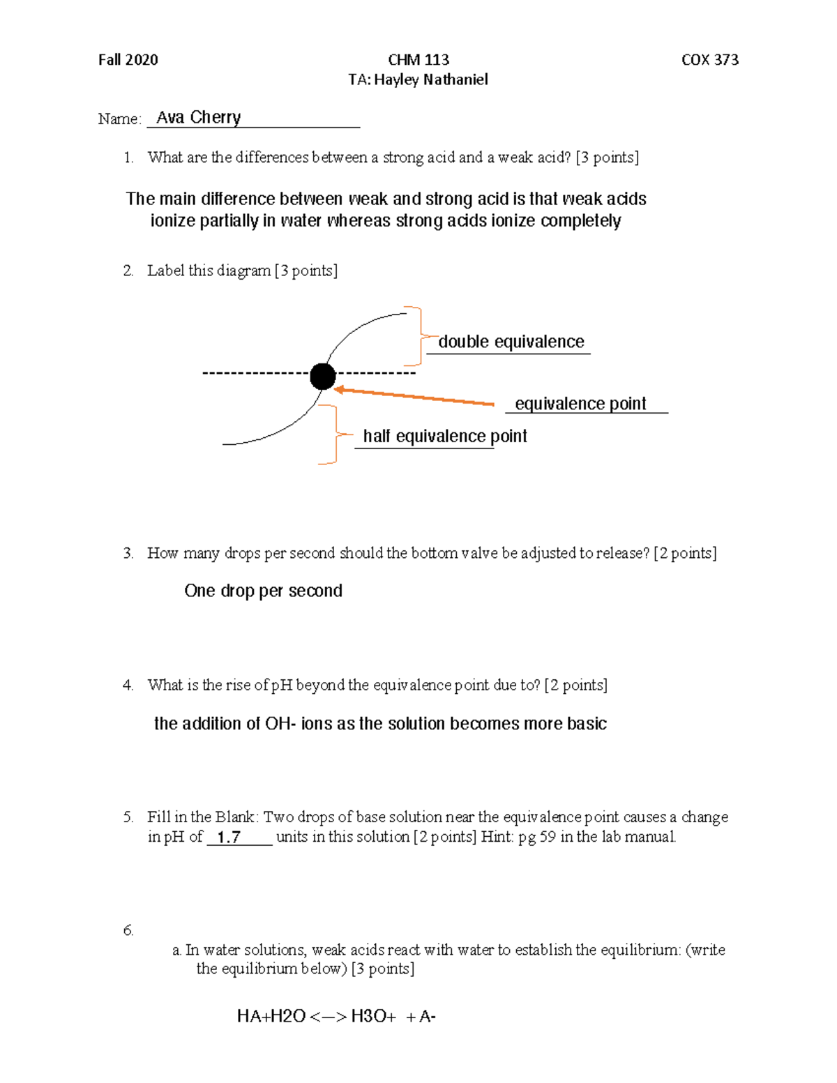 Ka Worksheet chm 113 - Fall 2020 CHM 113 COX 373 TA: Hayley Nathaniel ...