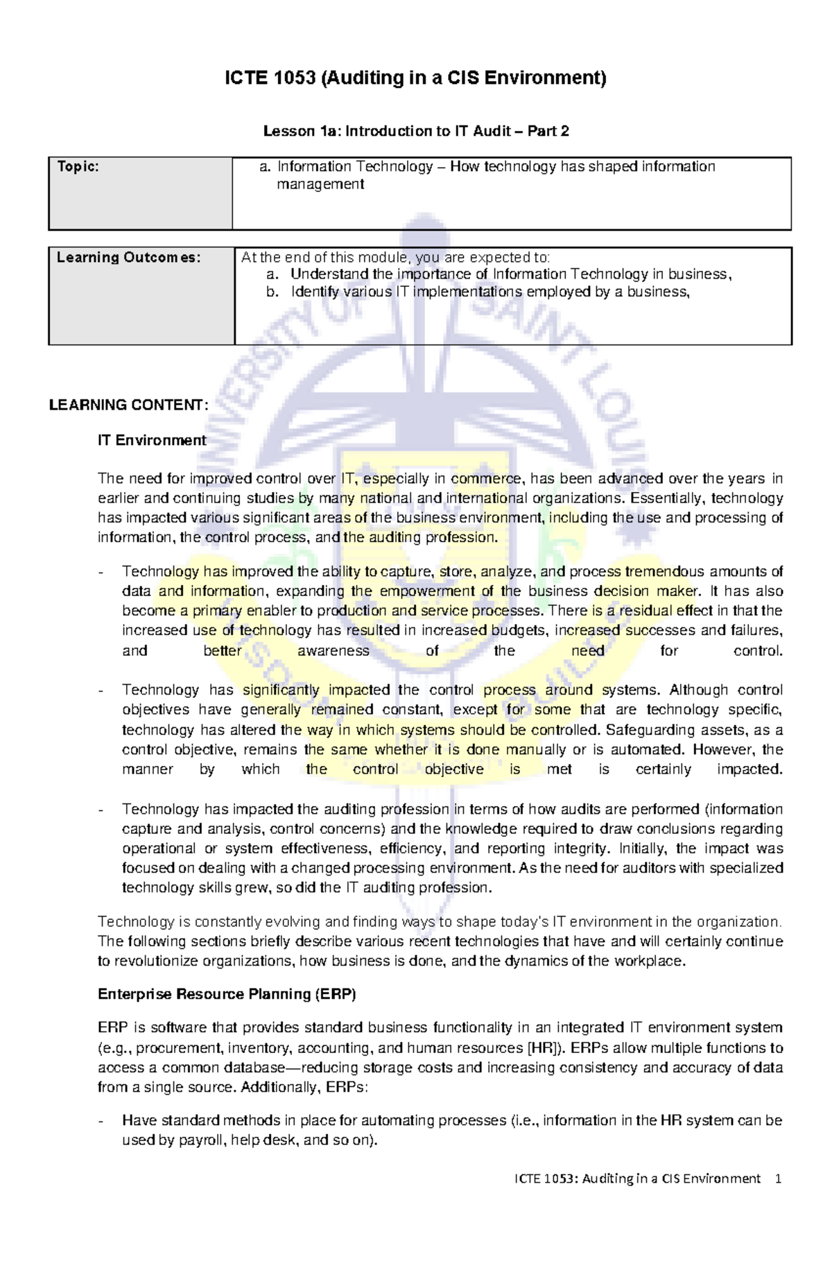 Lesson 2 Introduction to IT Audit Part 2 - ICTE 1053 (Auditing in a CIS Environment) Lesson 1 a ...