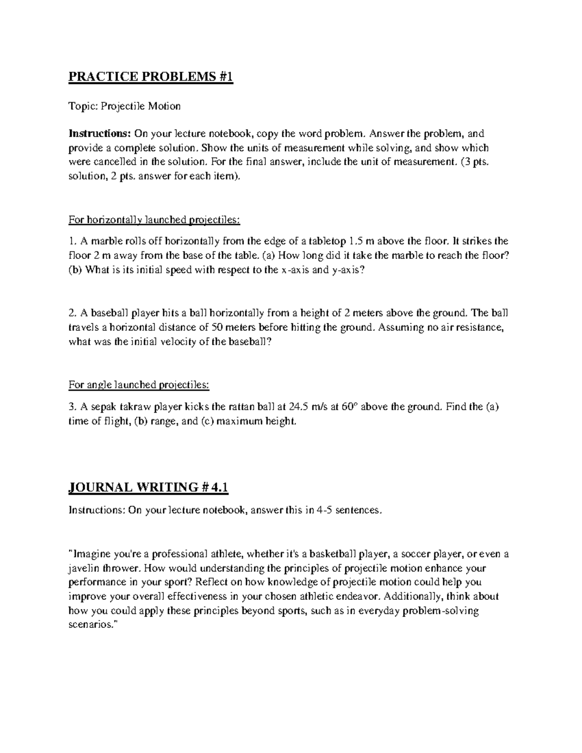 Practice Problems JW 1 Projectile Motion - PRACTICE PROBLEMS Topic ...