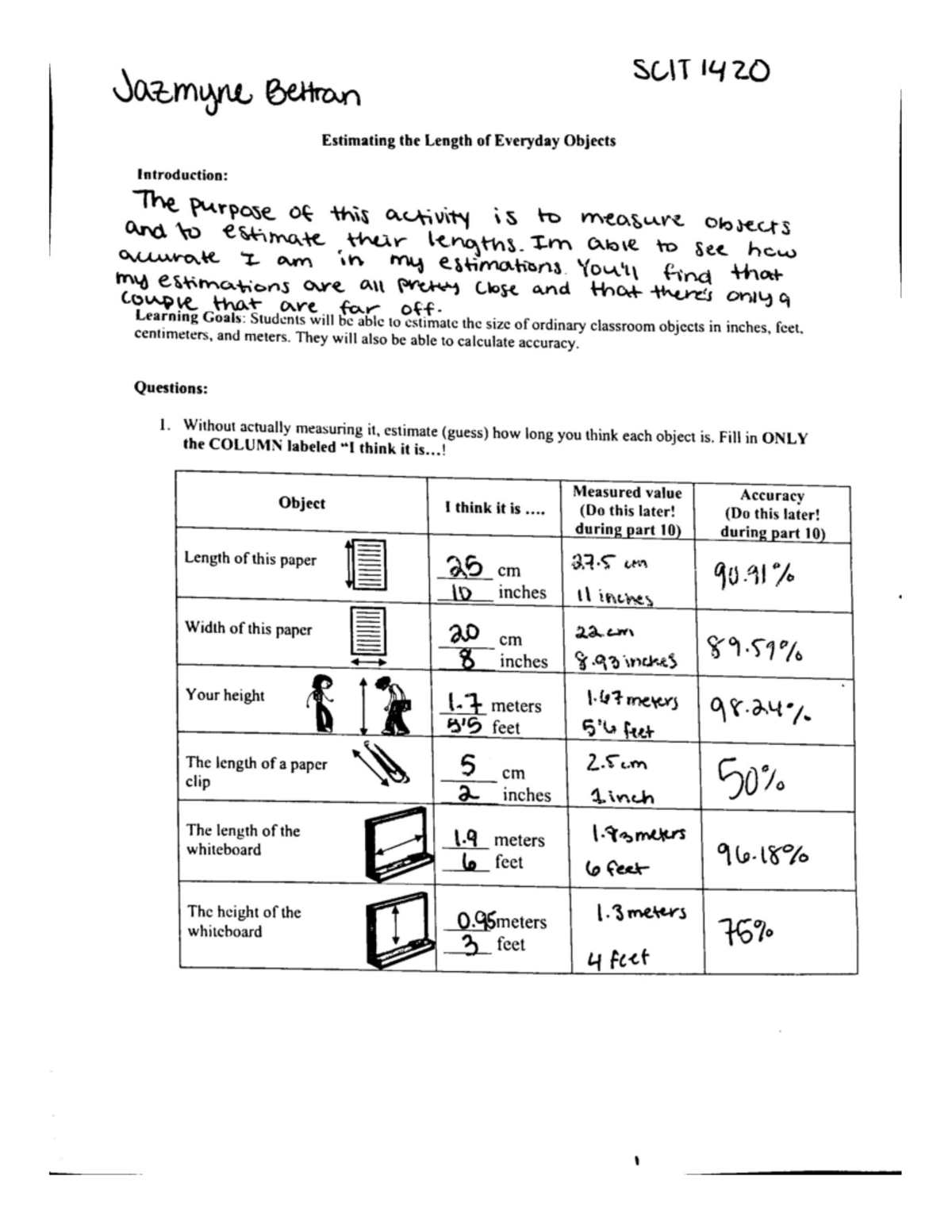 Lab Activity 1 - Phet sim lab - SCIT 1420 Jazmyne Bettran Estimating the Length of Everyday ...
