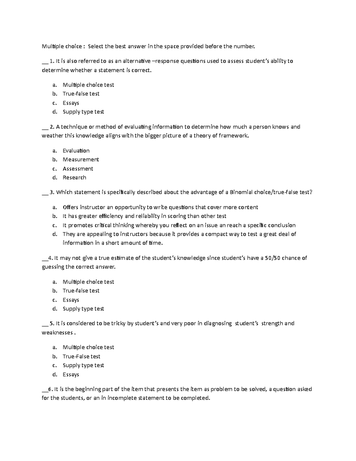 Development of Assessment Tools - Multiple choice : Select the best ...