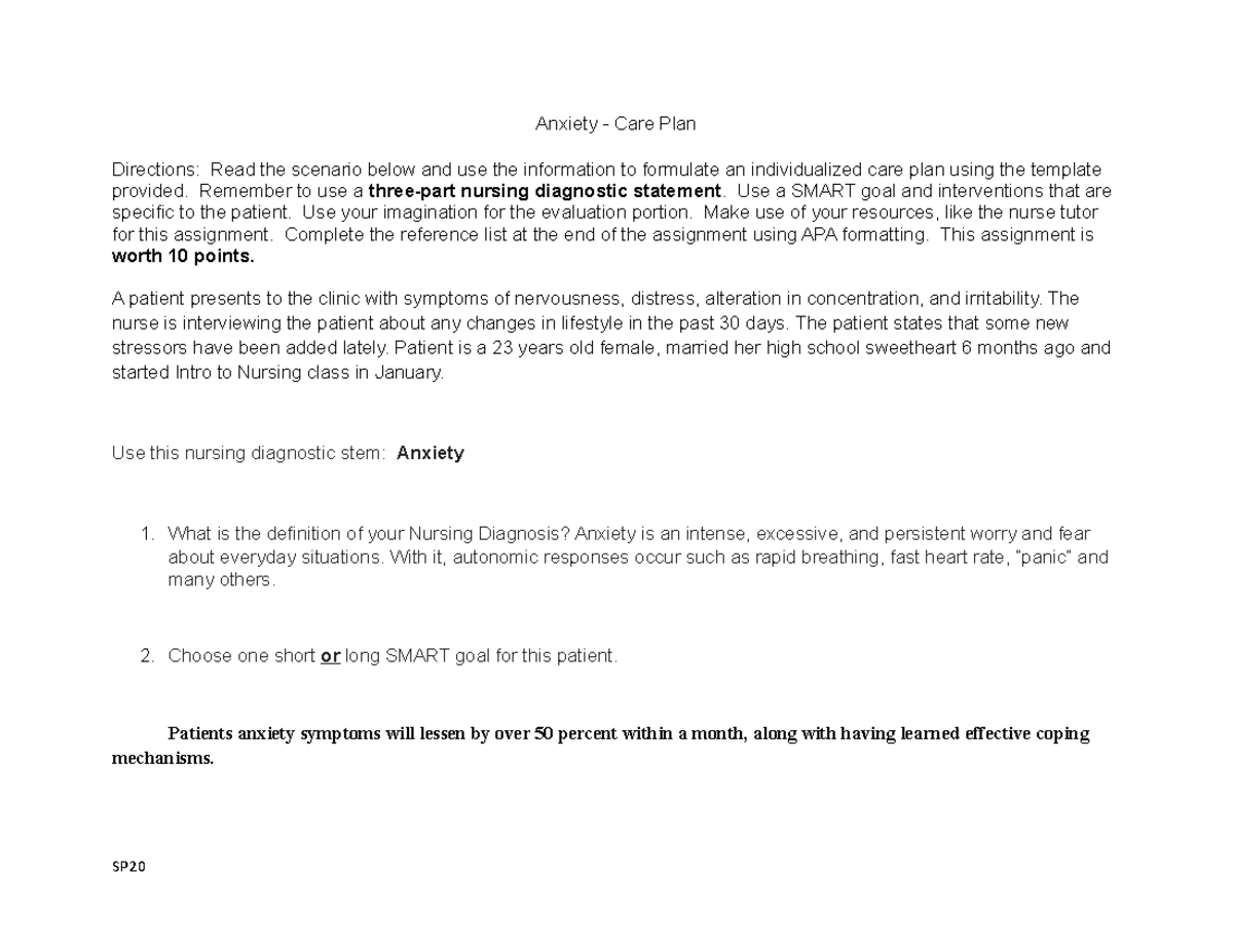 Anxiety Care Plan - Anxiety - Care Plan Directions: Read the scenario ...