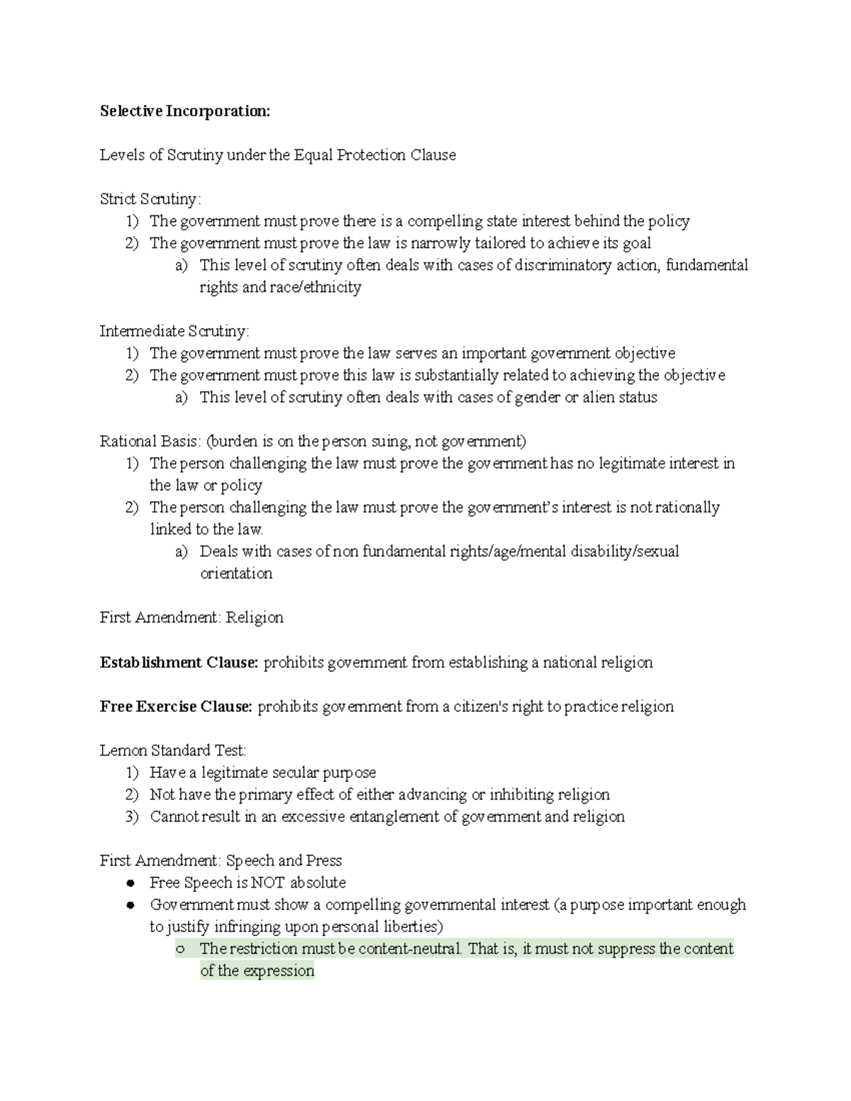 Chp 8-11 Notes - Selective Incorporation: Levels of Scrutiny under the ...