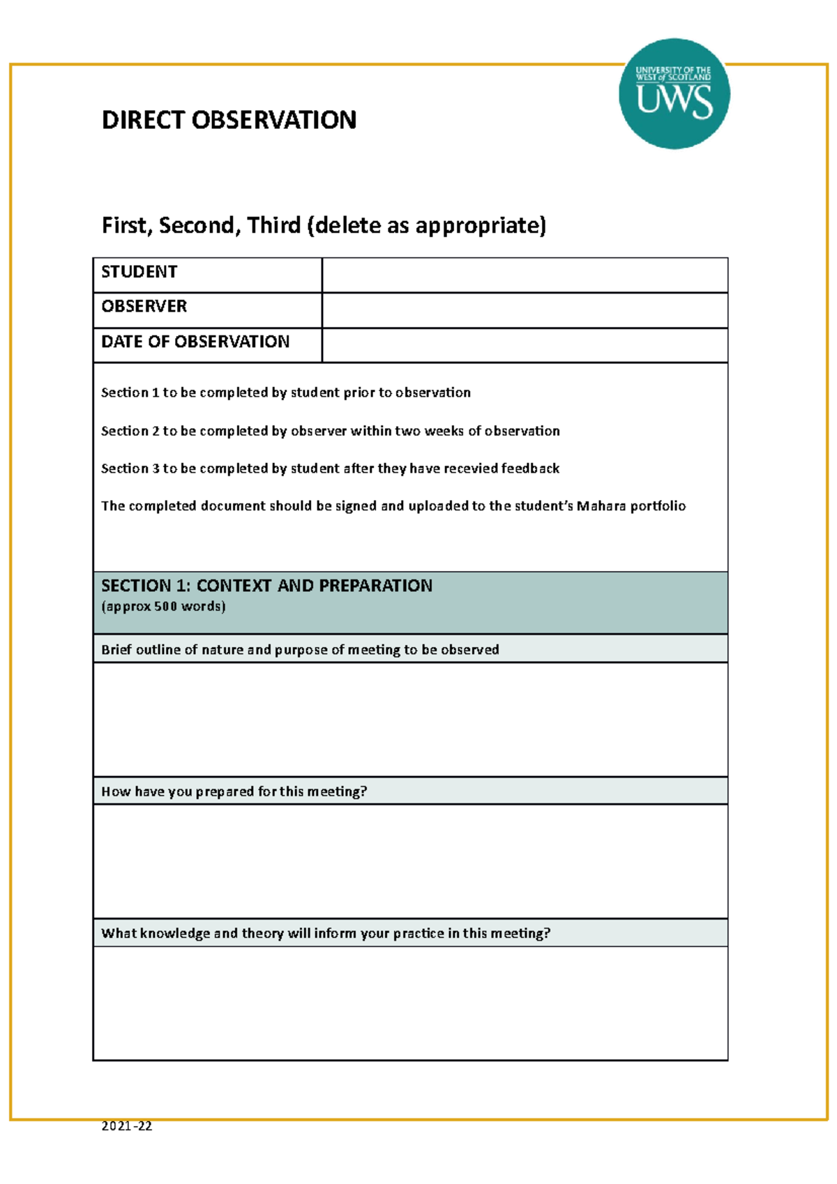 Direct observation - DIRECT OBSERVATION First, Second, Third (delete as ...