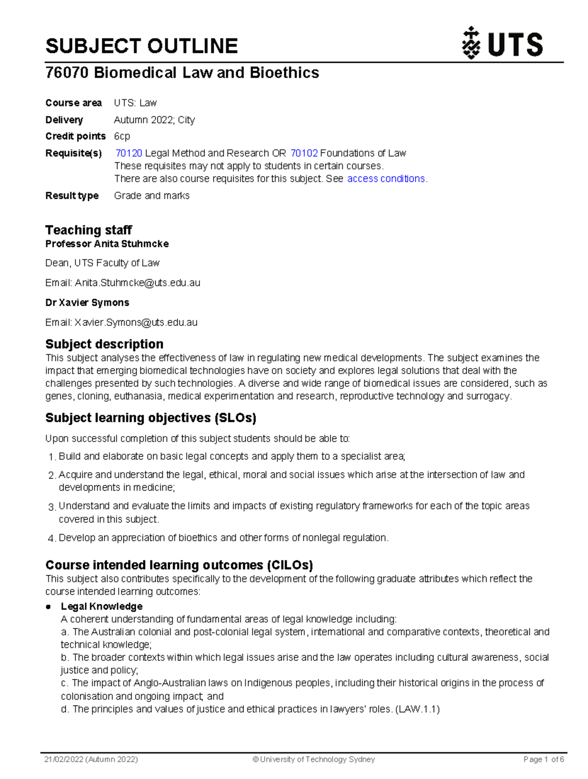 76070 Biomedical Law and Bioethics - SUBJECT OUTLINE 76070 Biomedical ...