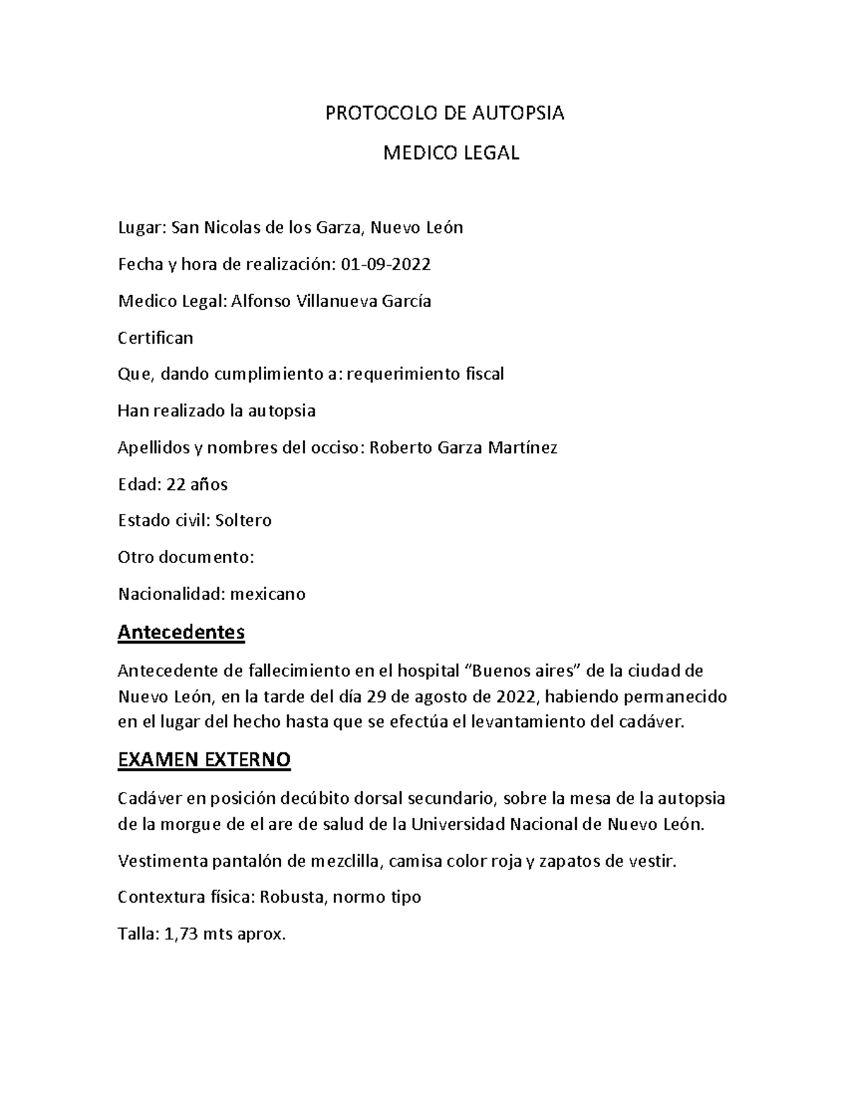 Autopsia - sdsfsf - PROTOCOLO DE AUTOPSIA MEDICO LEGAL Lugar: San ...