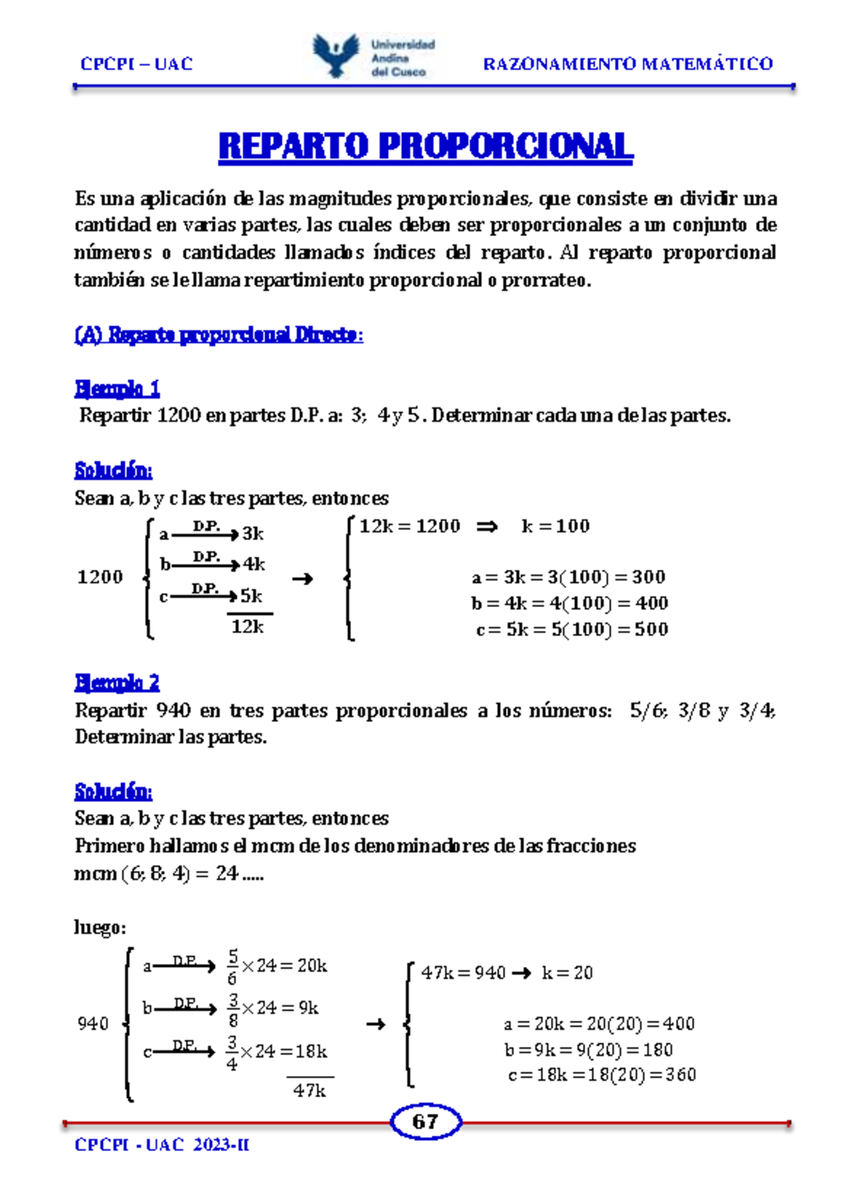 6° Reparto Proporcional - CPCPI – UAC RAZONAMIENTO MATEMÁTICO 67 ...