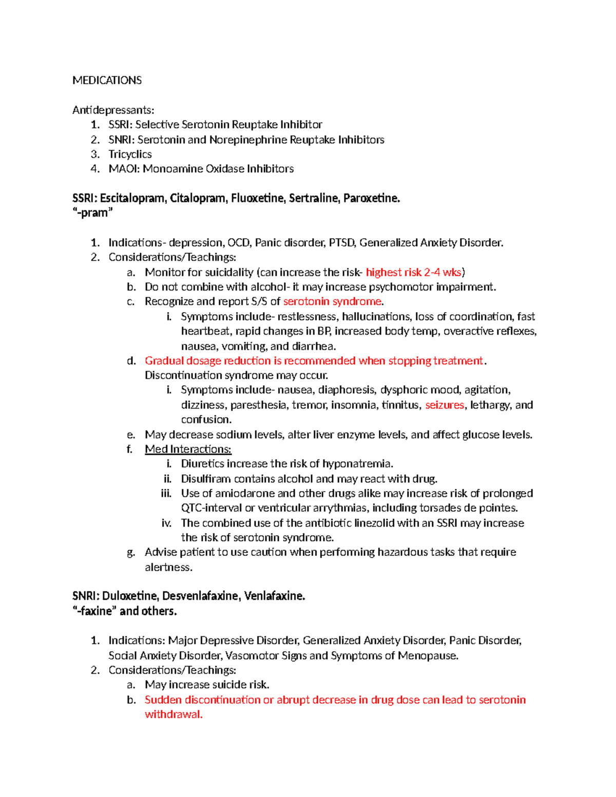 Mental Health Medication Notes - MEDICATIONS Antidepressants: 1. SSRI ...