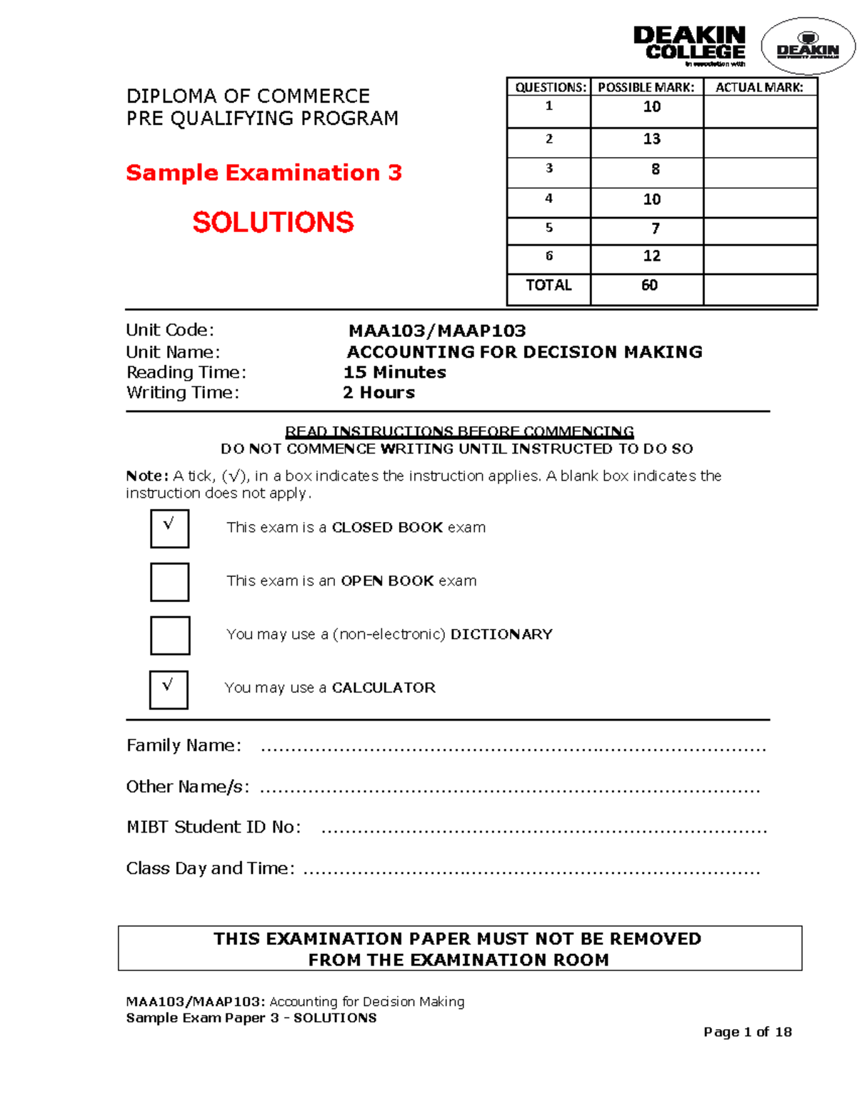 Exam 2013, questions and answers - DIPLOMA OF COMMERCE PRE QUALIFYING ...