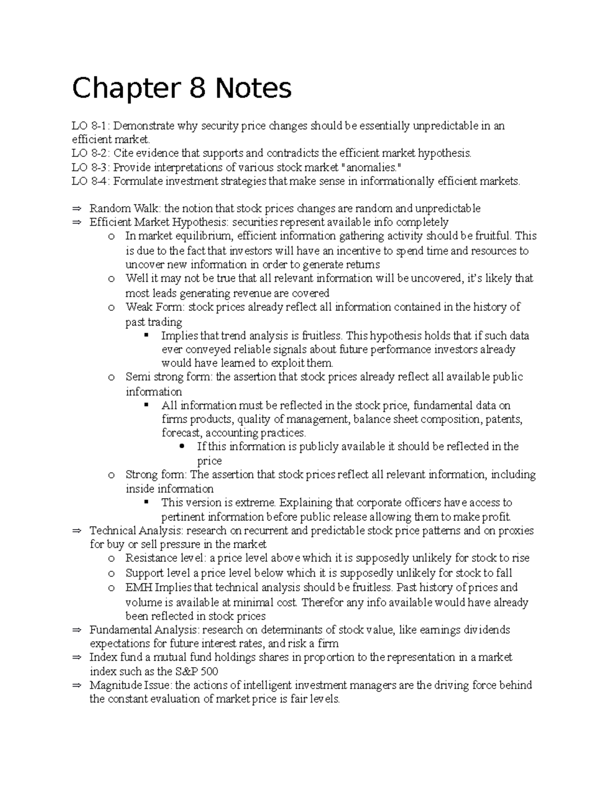 Chapter 8 Notes on the Efficient Market Hypothesis: a descri - FI 431 ...