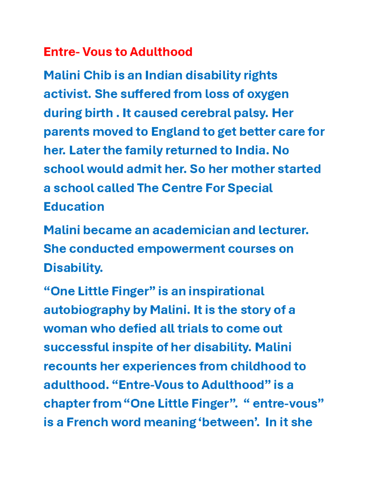 Entre-Vous to Adulthood - Entre- Vous to Adulthood Malini Chib is an ...