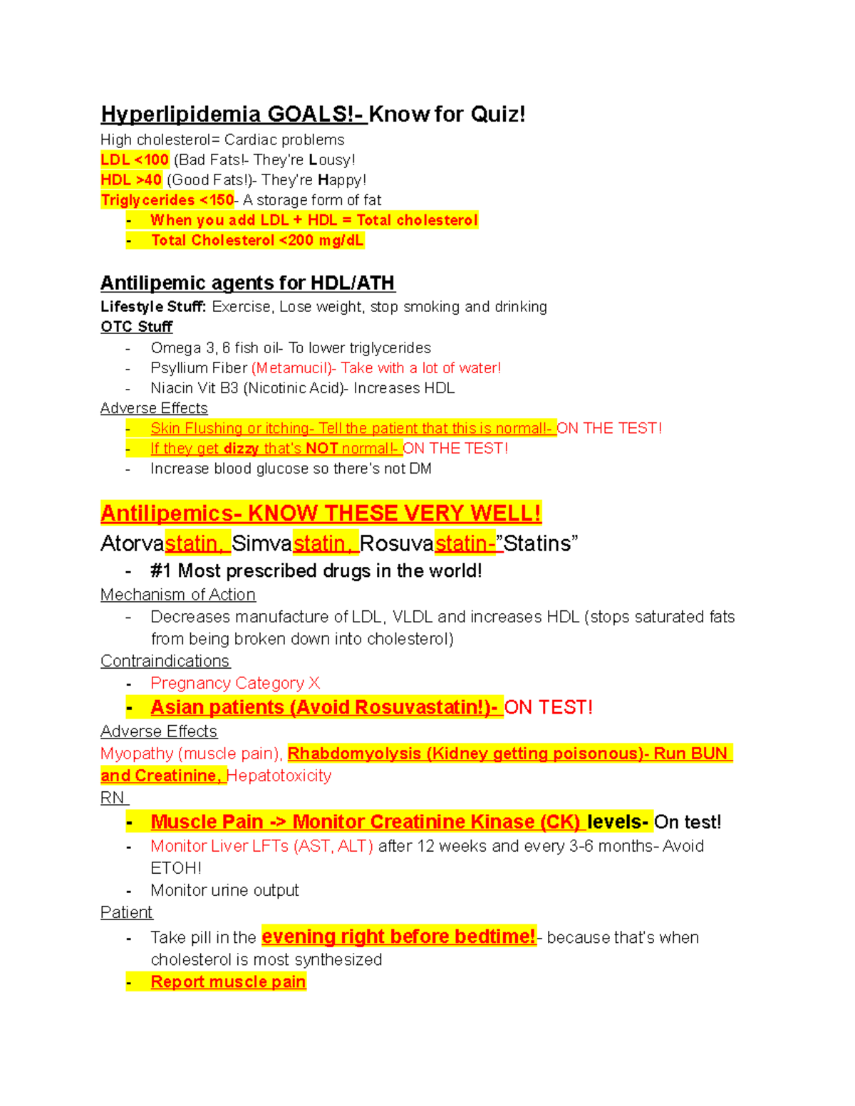 Cardio System - HOMEWORK - Hyperlipidemia GOALS!- Know for Quiz! High ...
