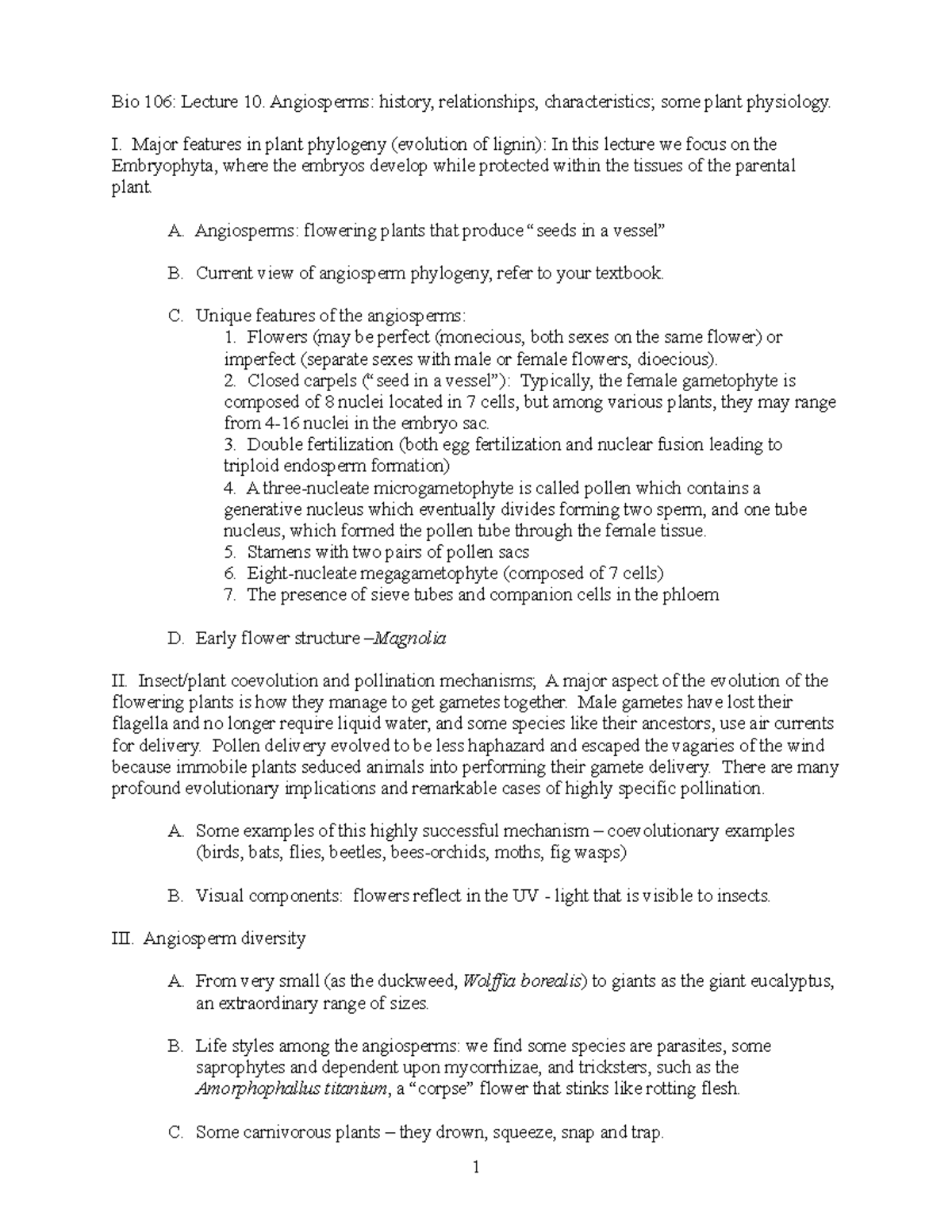 Lecture 10, Outline - notes - Bio 106: Lecture 10. Angiosperms: history ...