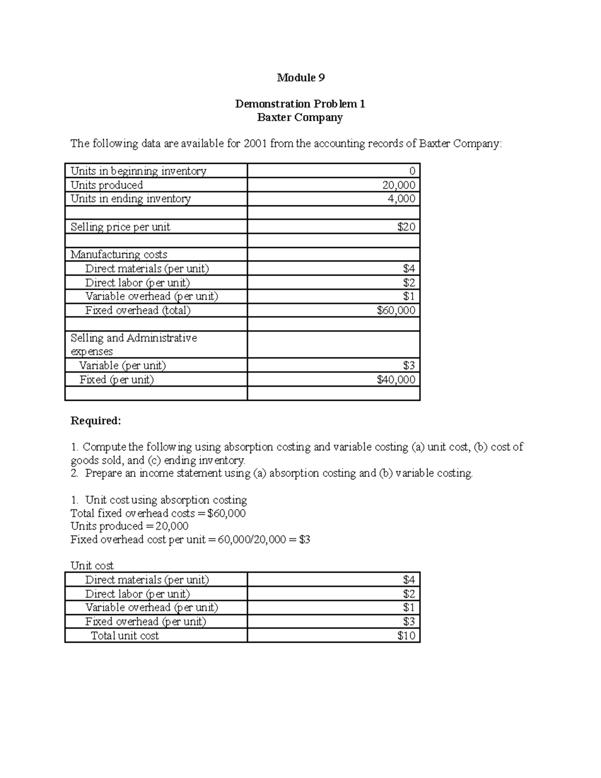 Mglmod 9 Cost Accounting PRoblems - Module 9 Demonstration Problem 1 ...