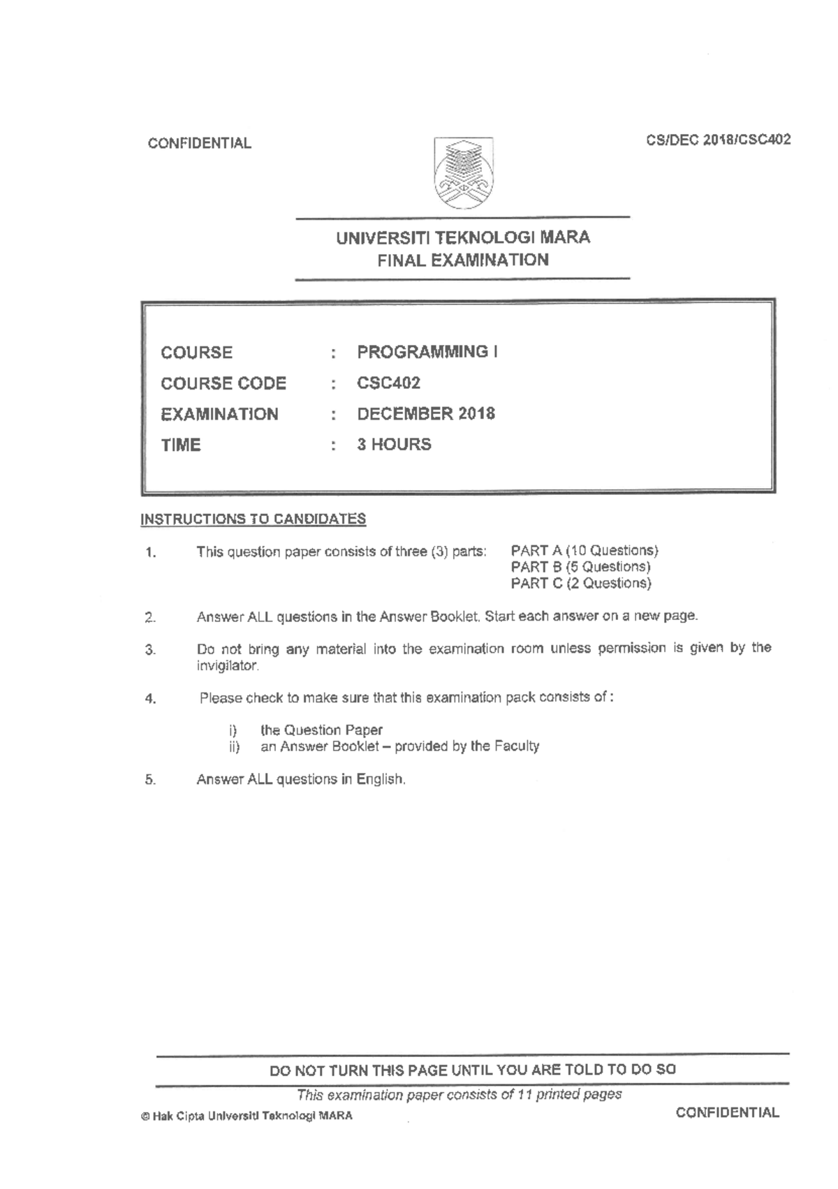 CSC402 DEC2018 final exam paper - Fundamentals of Computer Science ...