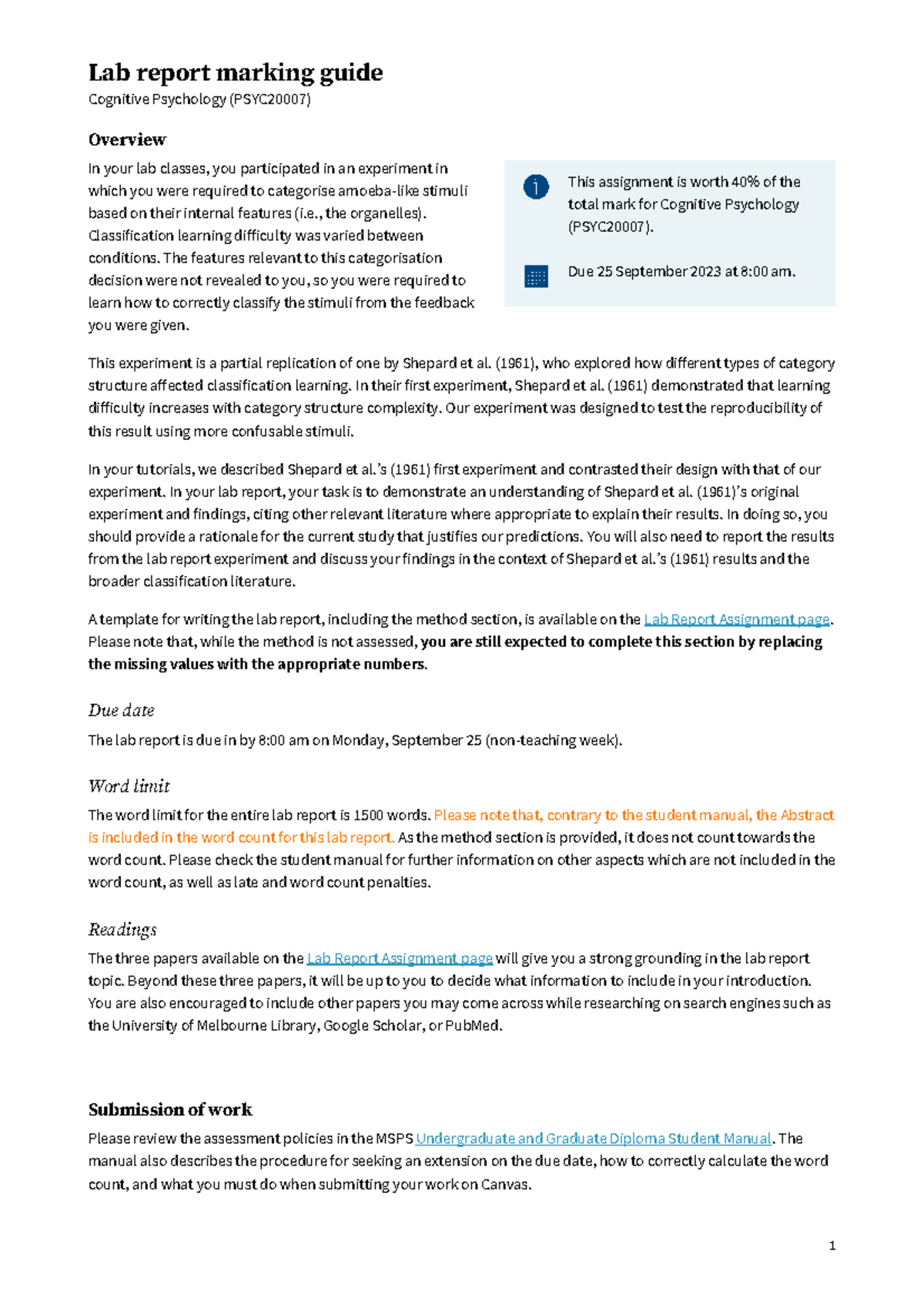 PSYC2007 lab report marking-guide 2023 - Lab report marking guide ...