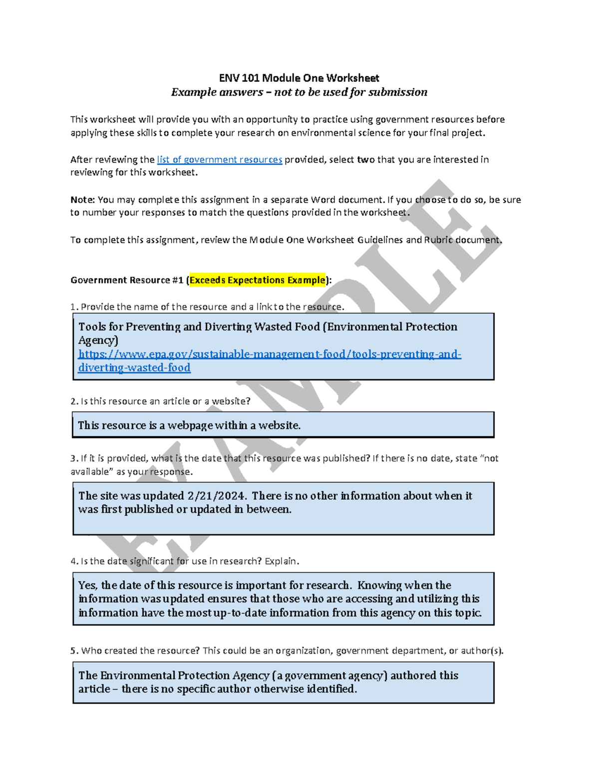 Module 1 Worksheet Example - ENV 101 Module One Worksheet Example ...