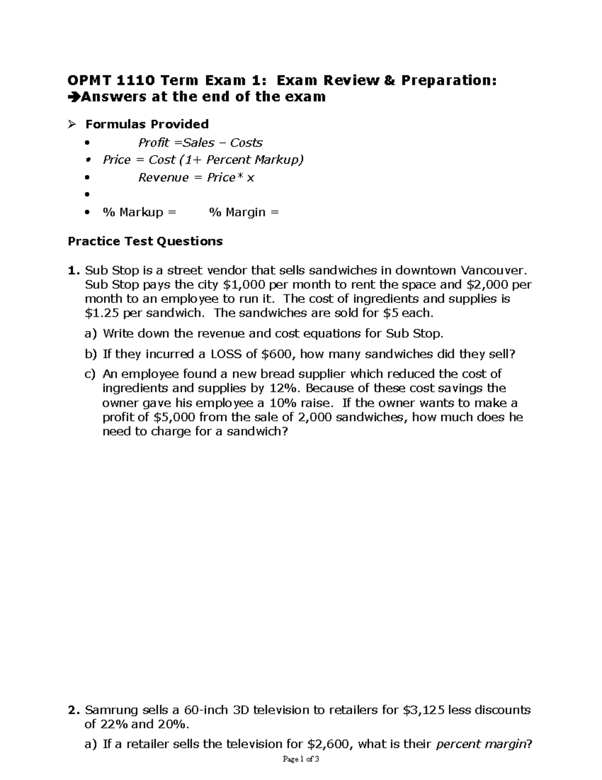 OPMT 1110 TEST 1 EXAM Review Questions FALL 2023 - OPMT 1110 Term Exam ...