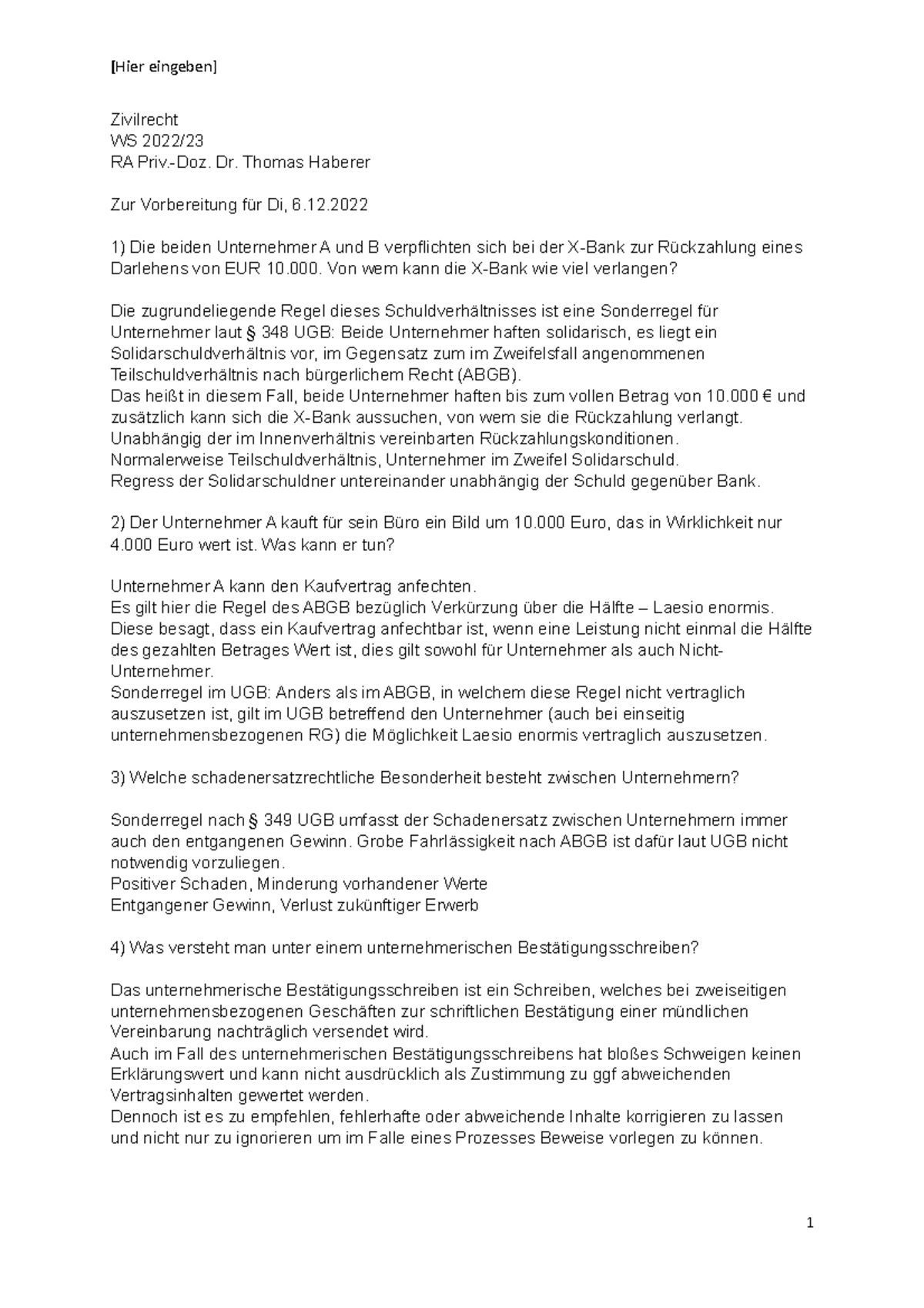 LV10 Zivilrecht - Aufgaben - [Hier eingeben] Zivilrecht WS 2022/ RA ...