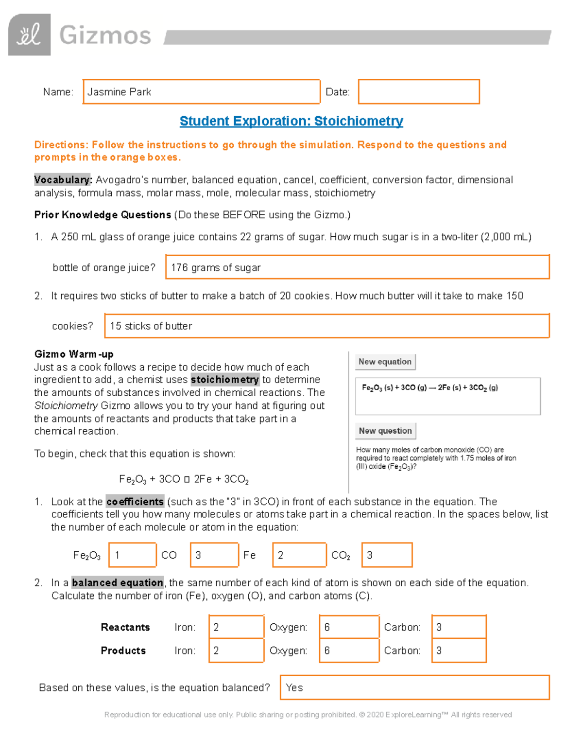 Copy of Stoichiometry SE - Name: Jasmine Park Date: Student Exploration ...
