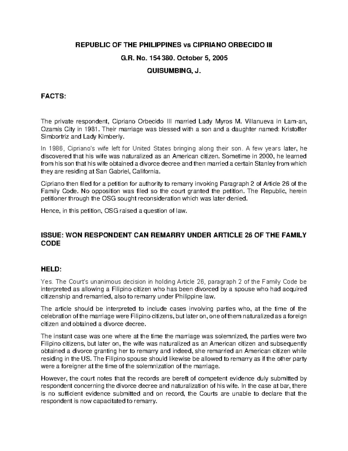 Republic VS Orbecido Digest - REPUBLIC OF THE PHILIPPINES vs CIPRIANO ...