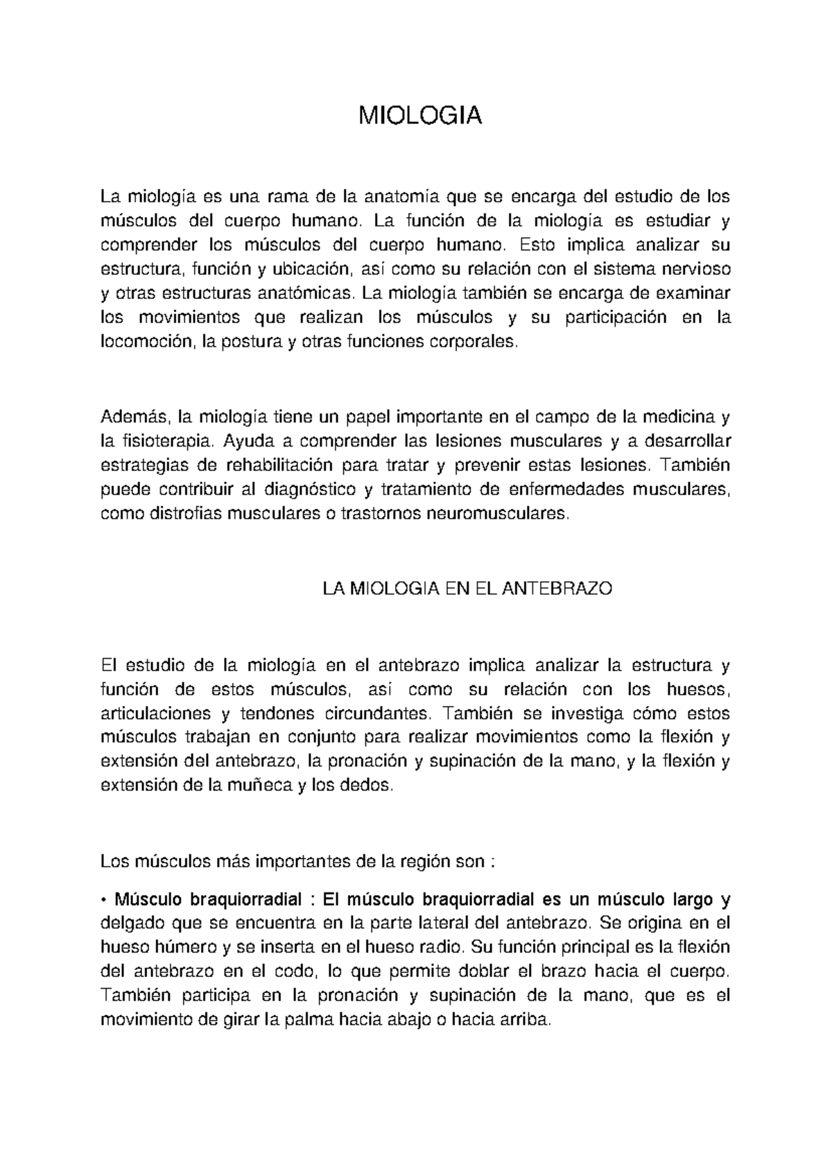 Miologia 20antebrazo - semetre 2 - MIOLOGIA La miología es una rama de ...