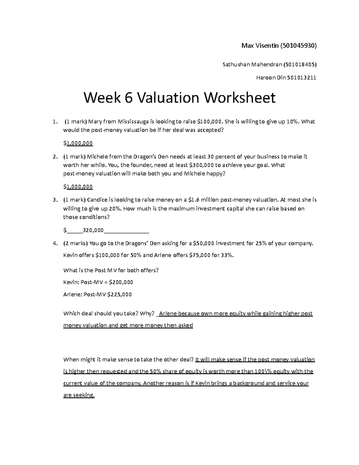 Week 6 Valuation Worksheet - Max Visentin (501045930) Sathushan ...
