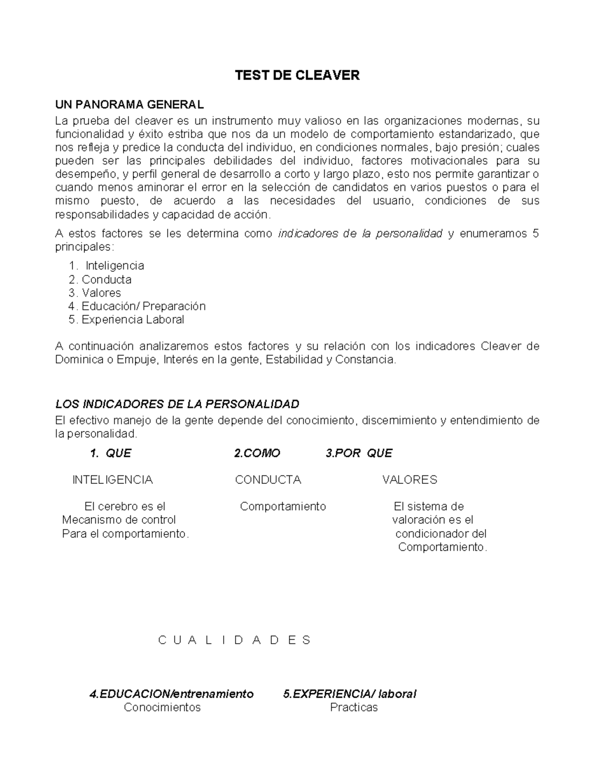09 Cleaver - PSICOMETRIA - TEST DE CLEAVER UN PANORAMA GENERAL La ...