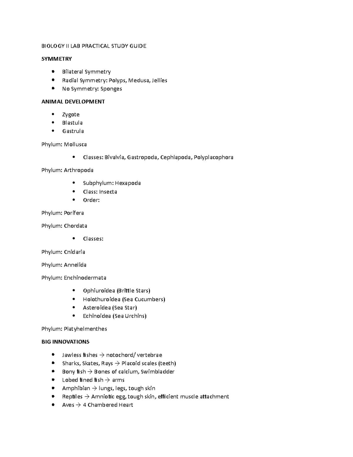 Biology II Practical Study Guide - BIOLOGY II LAB PRACTICAL STUDY GUIDE ...