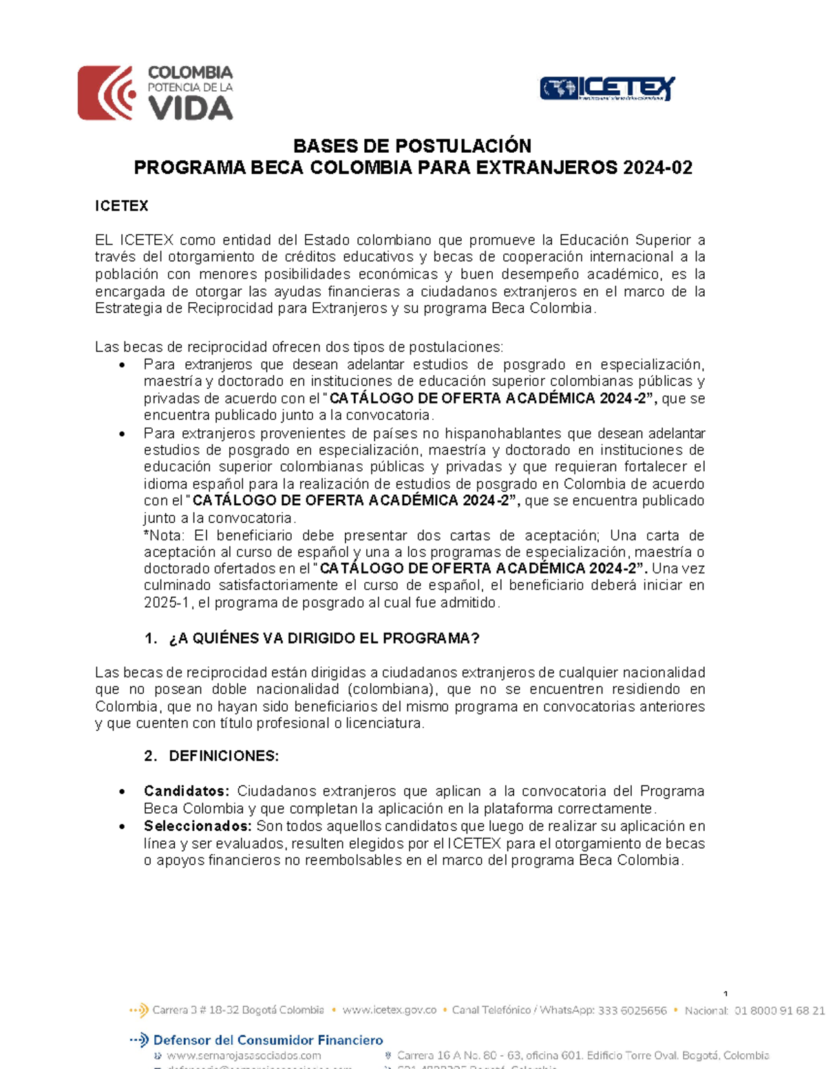 Bases de postulacion programa beca colombia extranjeros 2024 02 espanol ...