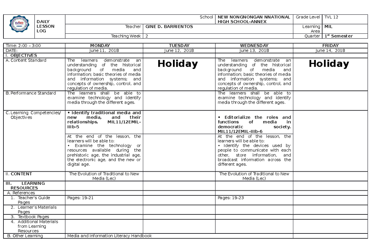 Week 2 MIL - Lesson Plan in Media and Information Literacy First ...