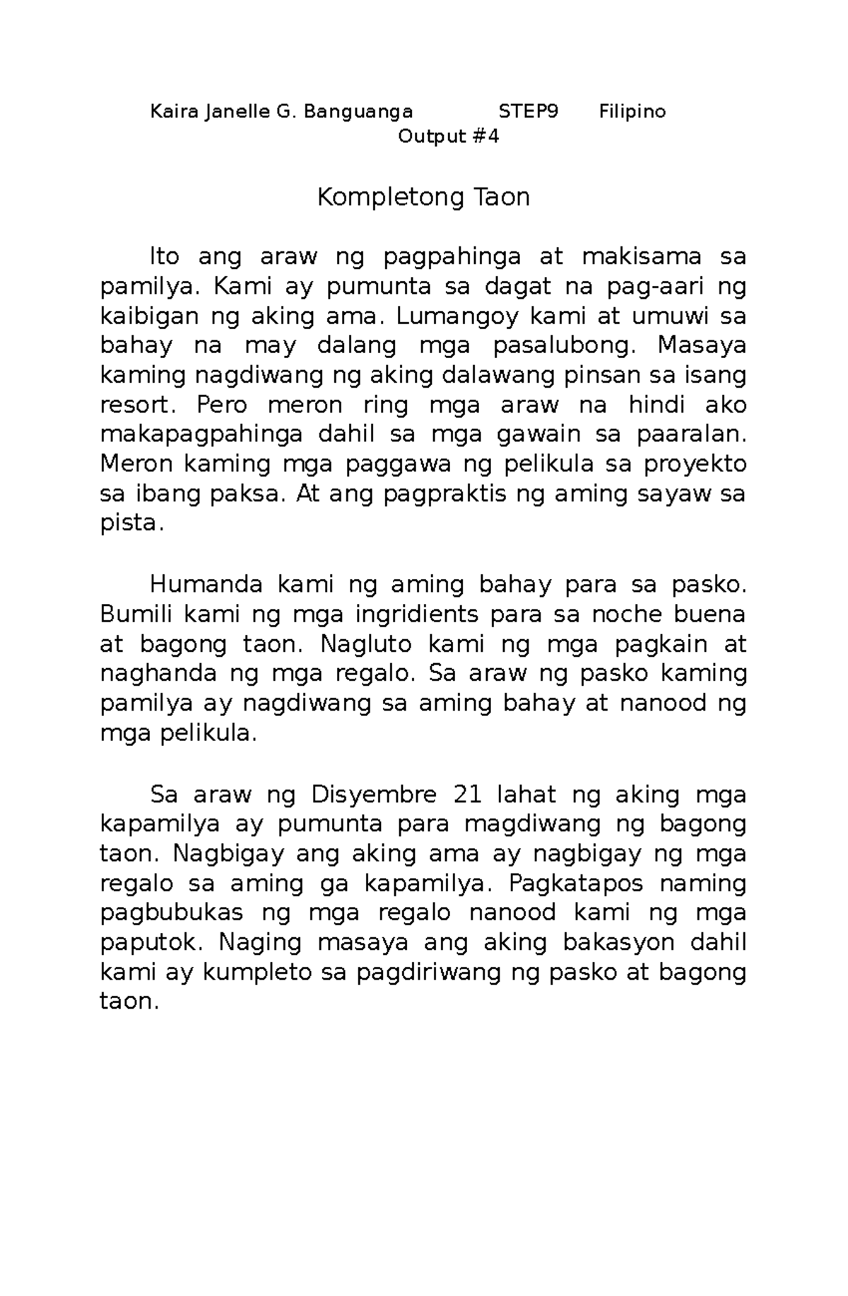Filipino output#4 - dfbthngnbr - Kaira Janelle G. Banguanga STEP9 ...