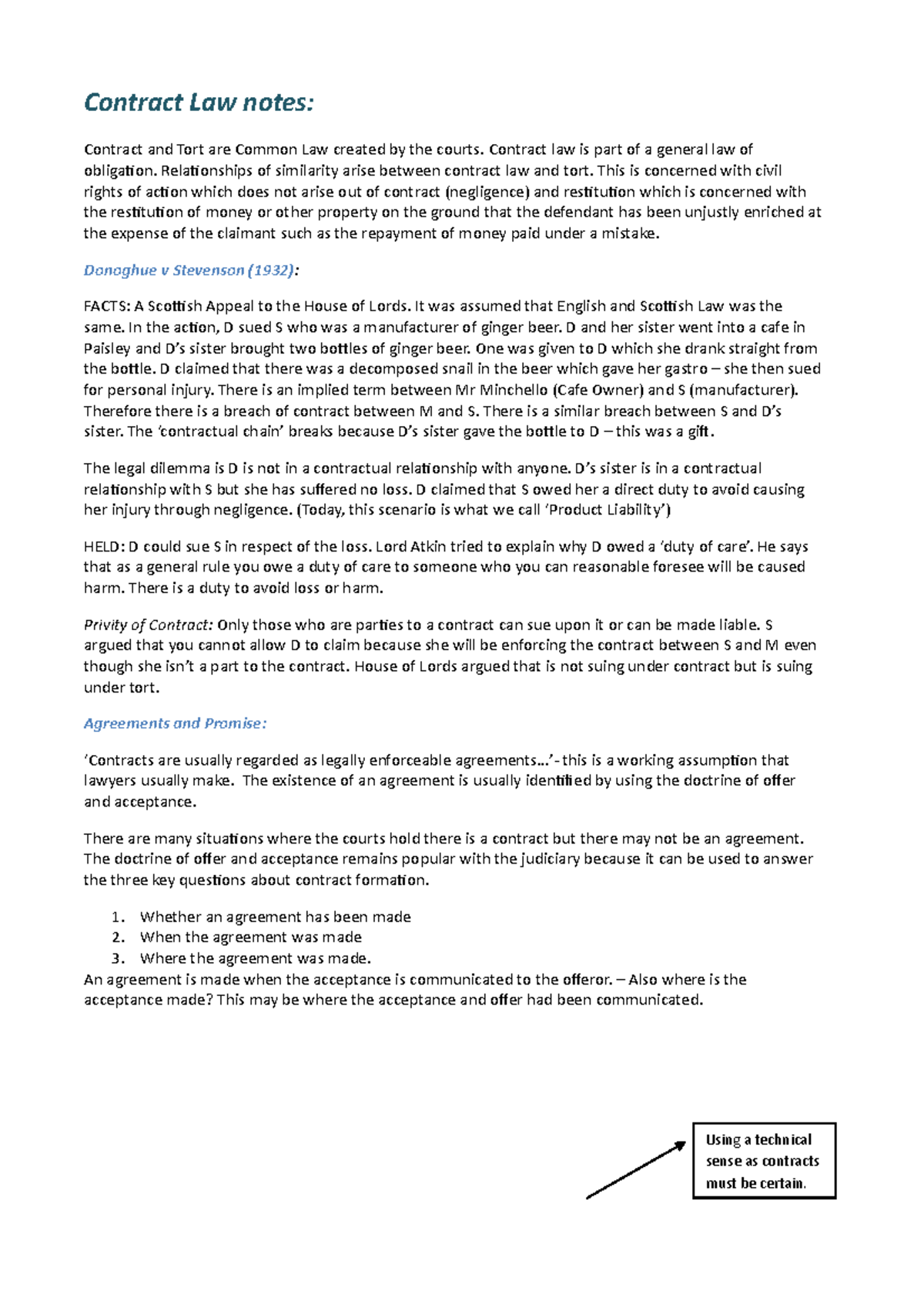 Contract Notes - Offer & Acceptance, Consideration, Promissory Estoppel ...