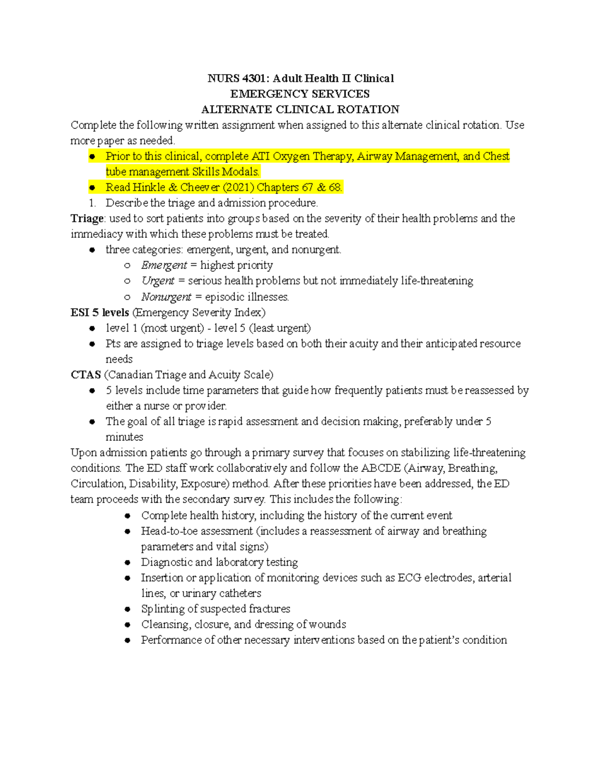 ER Alternative Assignment - NURS 4301: Adult Health II Clinical ...