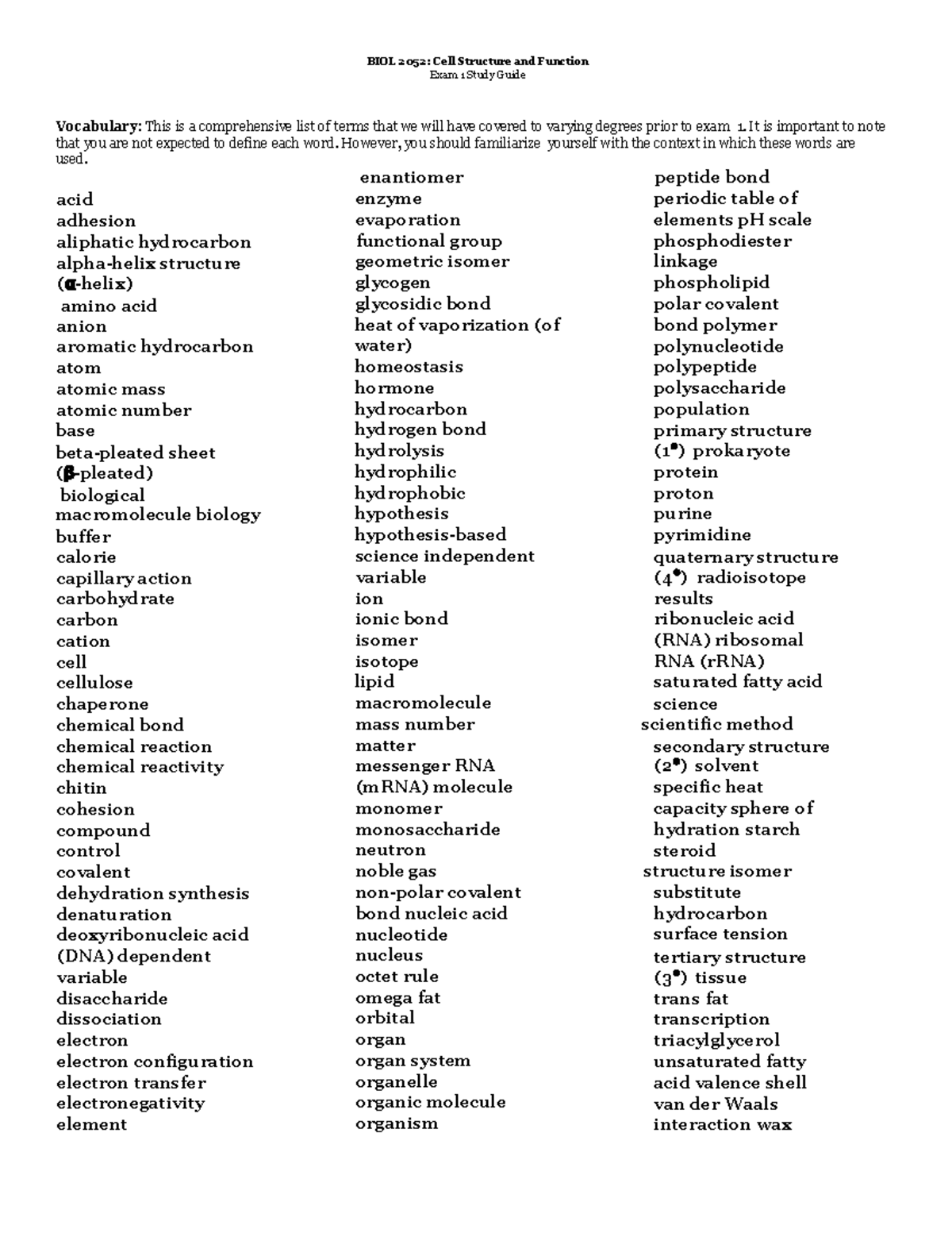 Exam 1 Study Guide Cell Structure And Function BIOL 2052 Cell