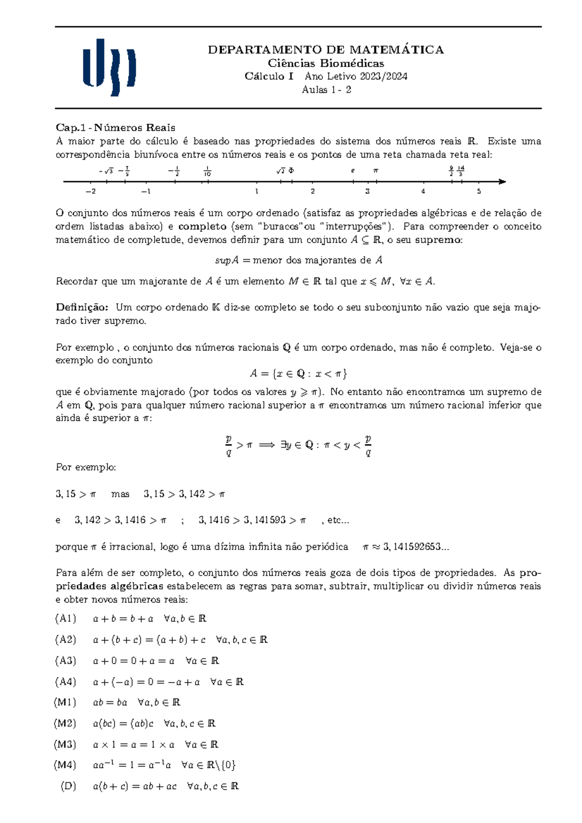 Aulas 1 2 Ci Biomedicas 23 24 Departamento De Matem ́atica Ciˆencias