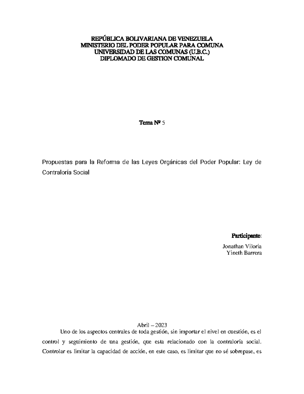 Propuesta en el marco de las reformas de las leyes del Poder Popular ...