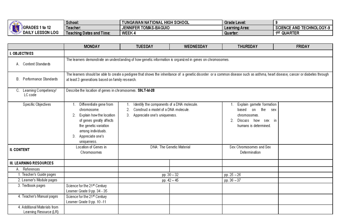 DIV. DLL- Grade 9 Science- Heredity - GRADES 1 to 12 DAILY LESSON LOG ...