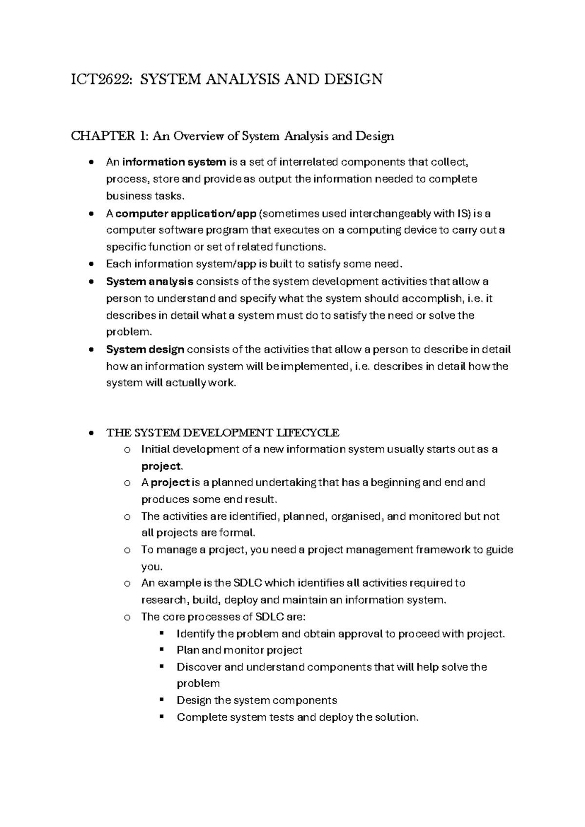 ICT2622- System Analysis AND Design - ICT2622: SYSTEM ANALYSIS AND DESIGN CHAPTER 1: An Overview ...