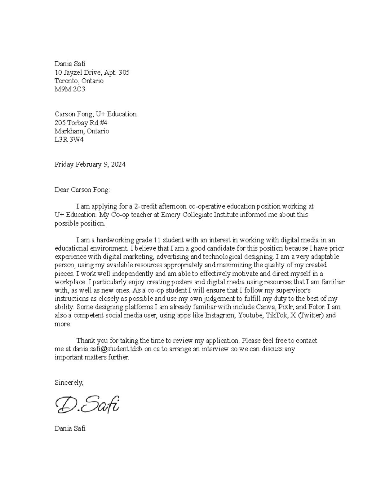 Cover Letter-COOP - Dania Safi 10 Jayzel Drive, Apt. 305 Toronto ...