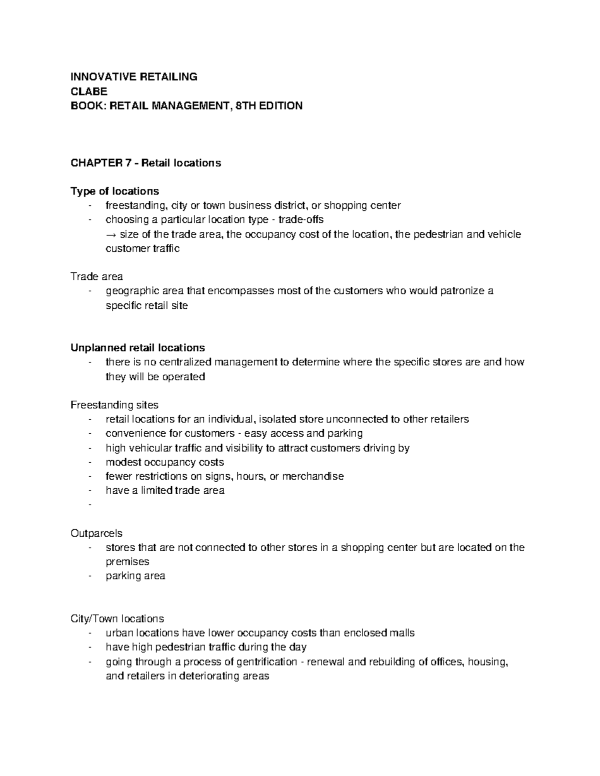 Retail management - Chapter 7 - INNOVATIVE RETAILING CLABE BOOK: RETAIL ...