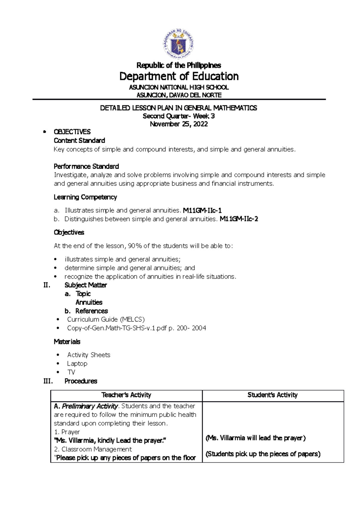 SHS - GENMATH LESSON PLAN - Republic of the Philippines Department of ...